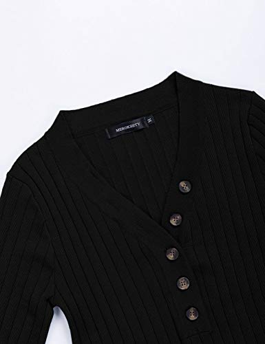 MEROKEETY Women's Long Sleeve V Neck Ribbed Button Knit Sweater Solid Color Tops Black