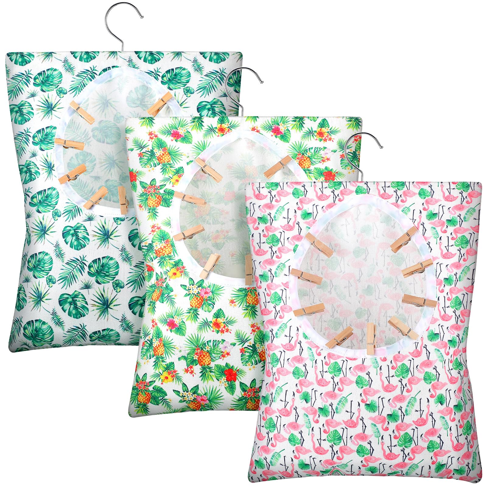 Hsei 3 Pcs Fall Clothespin Bag with Hanging Hook Laundry Clothes Pin Holder 15 x 11 in Waterproof Clothes Pin Hanging Bag Clothespin Storage Organizer with Large Opening for Clothesline (Flamingo)