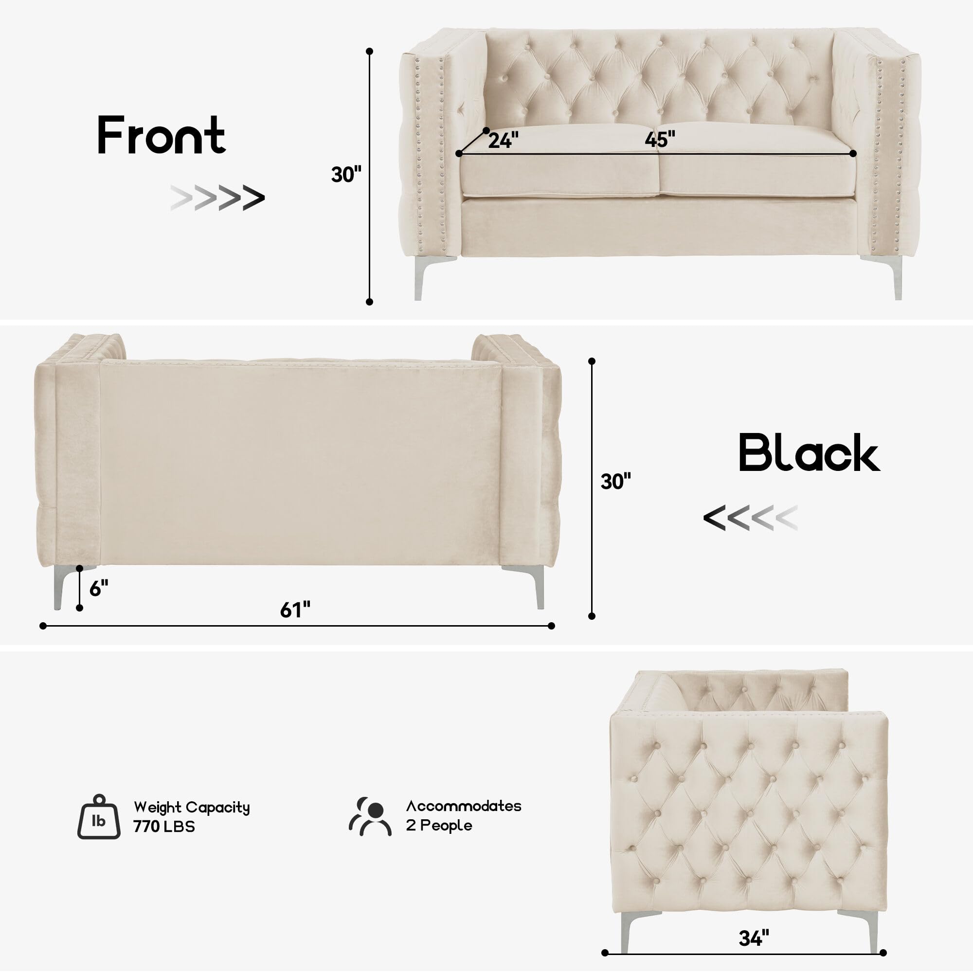 Morden Fort Loveseat Sofa, 61“Beige Mid-Century Couch with Button Tufted and Nailhead Trim and Iron Legs for Living Room, Apartroom, Bedroom, Office