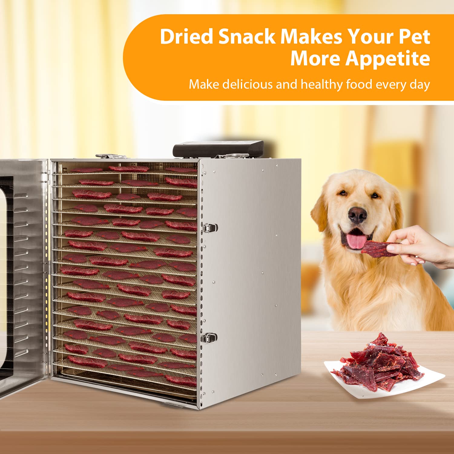 Commercial Food Dehydrator Machine Electric Dehydrators for Food and Jerky, 16 Trays Stainless Steel Fruit Vegetable Dryer with Digital Timer and Temperature Control