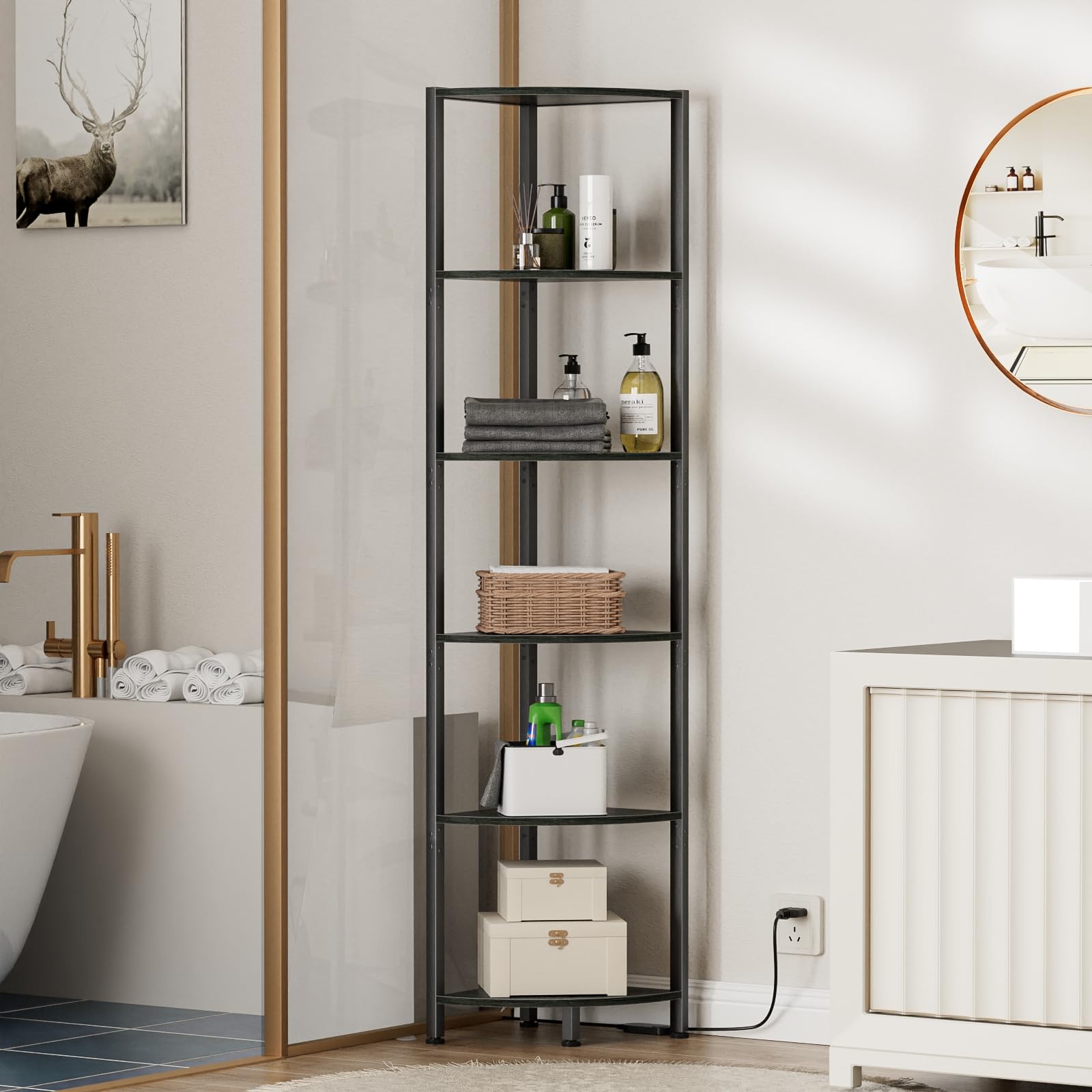 Furnulem 6 Tier Corner Shelf with LED Light, 67.5β Tall Standing Shelf Organizer, Black Narrow Bookshelf with Storage Rack for Wall Corner, Living Room, Bedroom, Metal Frame, Wood Display Shelf
