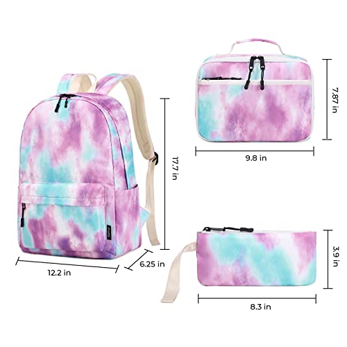 Imyth 3Pcs colorful Backpack sets for Teen Girls, Cute Bookbag School Daypacks for Elementary Middle Students (Tie dye-Purple)