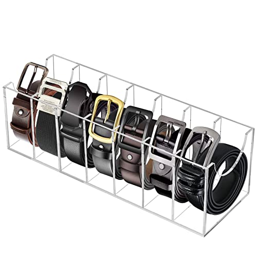 Kweetle Belt Organizer 7 Compartments, Clear Belt Holder Display Case Acrylic Belt Organizer for Closet, Tie