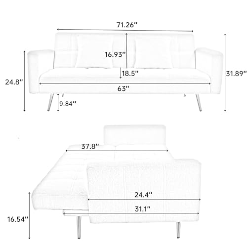 Eafurn Teddy Fleece Upholstered Folding Futon Sofa Bed Convertible Sleeper Couch with 3 Adjustable Backrest, Recliner Loveseat Lounge Sofabed Daybed with Golden Metal Legs for Living Room Office