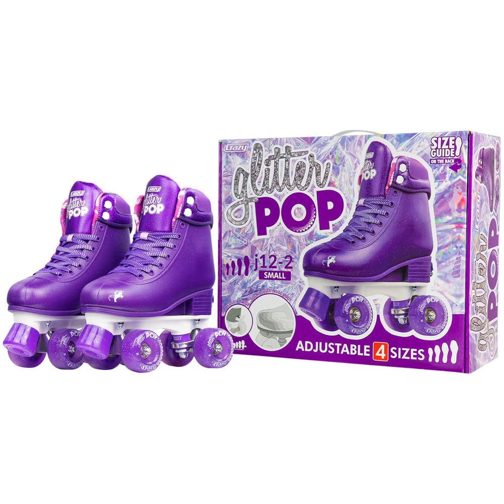 Crazy Skates Adjustable Roller Skates for Girls and Boys - Glitter Pop Collection - Size Adjustable to fit Four Sizes - Purple (Size: Small | j12-2)