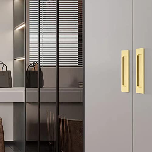 INCAUCA 2 Pack Barn Door Handles, 6 Inch Flush Door Pull, Recessed Door Handles, Sliding Closet Door Finger Pull, Rectangular Flat Plate for Pocket Door Drawer Cabinet Cupboard (Gold)