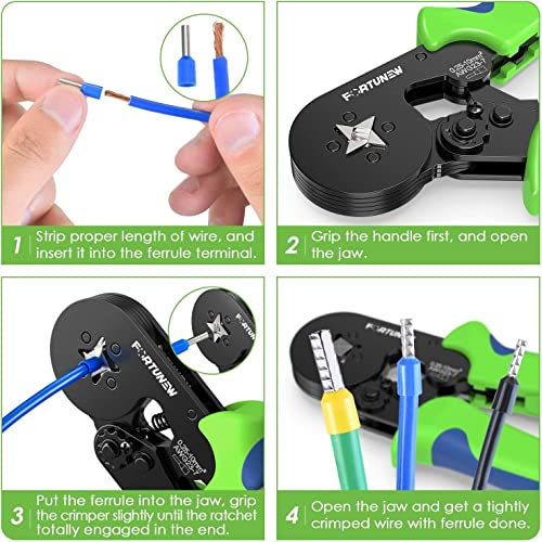 Ferrule Crimping Tool - FORTUNEW® Self-adjustable Wire Crimping Tool Kit AWG 23-7(0.25-10 mm²) with 1200 terminals crimping tool set