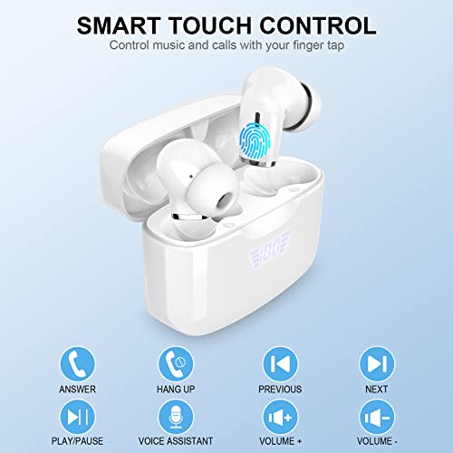 Wireless Earbud, Bluetooth 5.2 Headphones with LED Power Display, Bluetooth Earbud in Ear Noise Cancelling with Mic, Wireless Earphones with Deep Bass, IP7 Waterproof, 40H Playtime Ear Buds, White