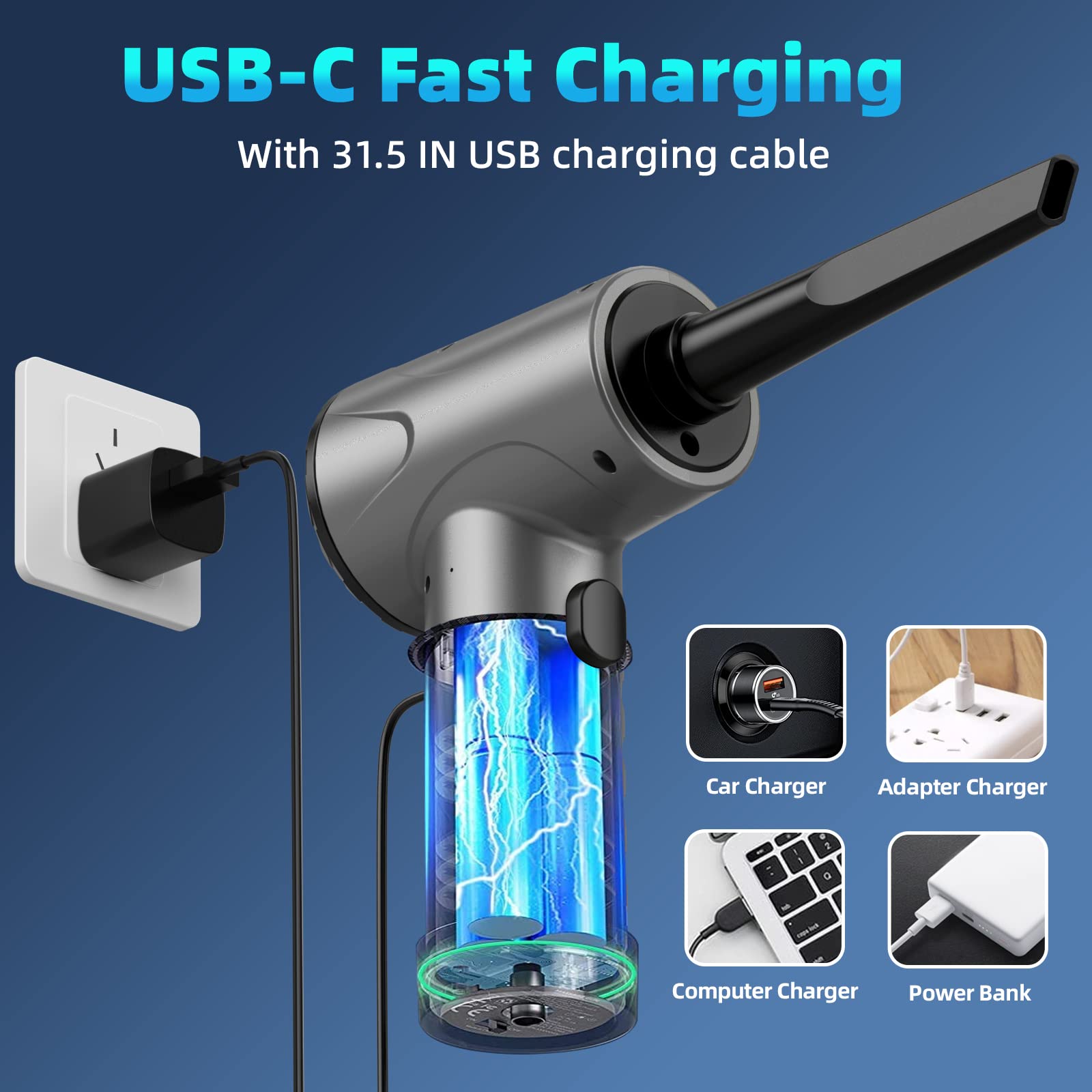 Compressed Air Duster, 100000RPM Electric Air Duster & Vacuum Cleaner 2 in 1 Rechargeable, Air Blower for Compute and Keyboard, Cordless Air Duster 7500MAH