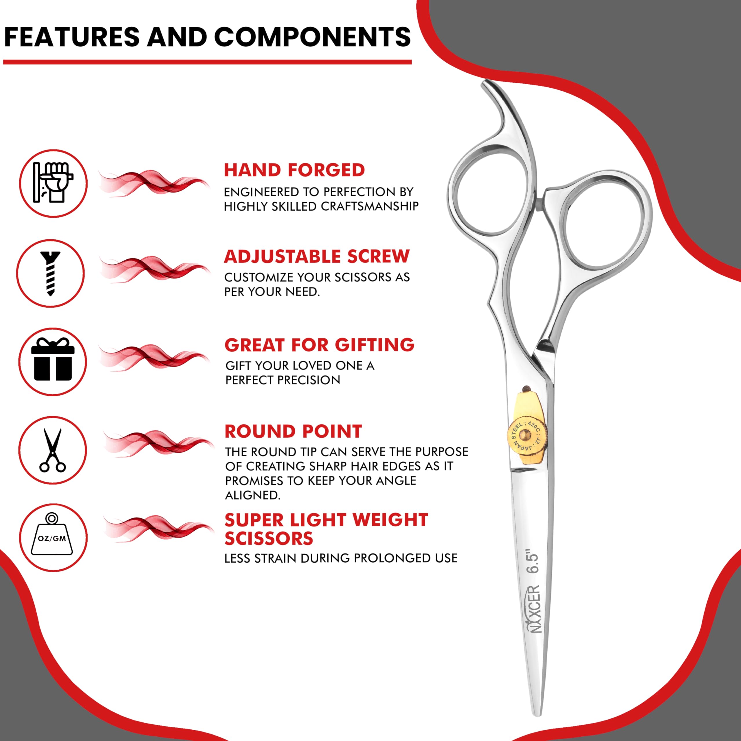 Nixcer Hair Cutting Scissors -Sharp Razor Edge Blade Hair Shears Series - 6.5" With Fine Adjustment – Stainless Steel Hair Scissors Professional For Men, Women & Babies (Silver)