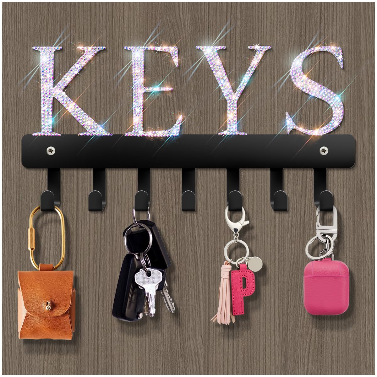 GUFONKOD Home Wall Mounted Glitter Key Hangers Holder Hooks Organizer Rack ，Bling Vintage Metal Decor for Entryway Front Door Kitchen Hallway Garage Office 10 inches 7 Hooks Black