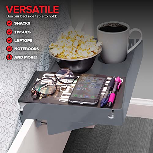 Modern Innovations Bedside Shelf for Bed, College Dorm Room, Bunk Bed Shelf for Top Bunk, Clip On Nightstand Tray with Cord and Cup Holder, Bunkbed Caddy for Table Storage (Dark Gray)