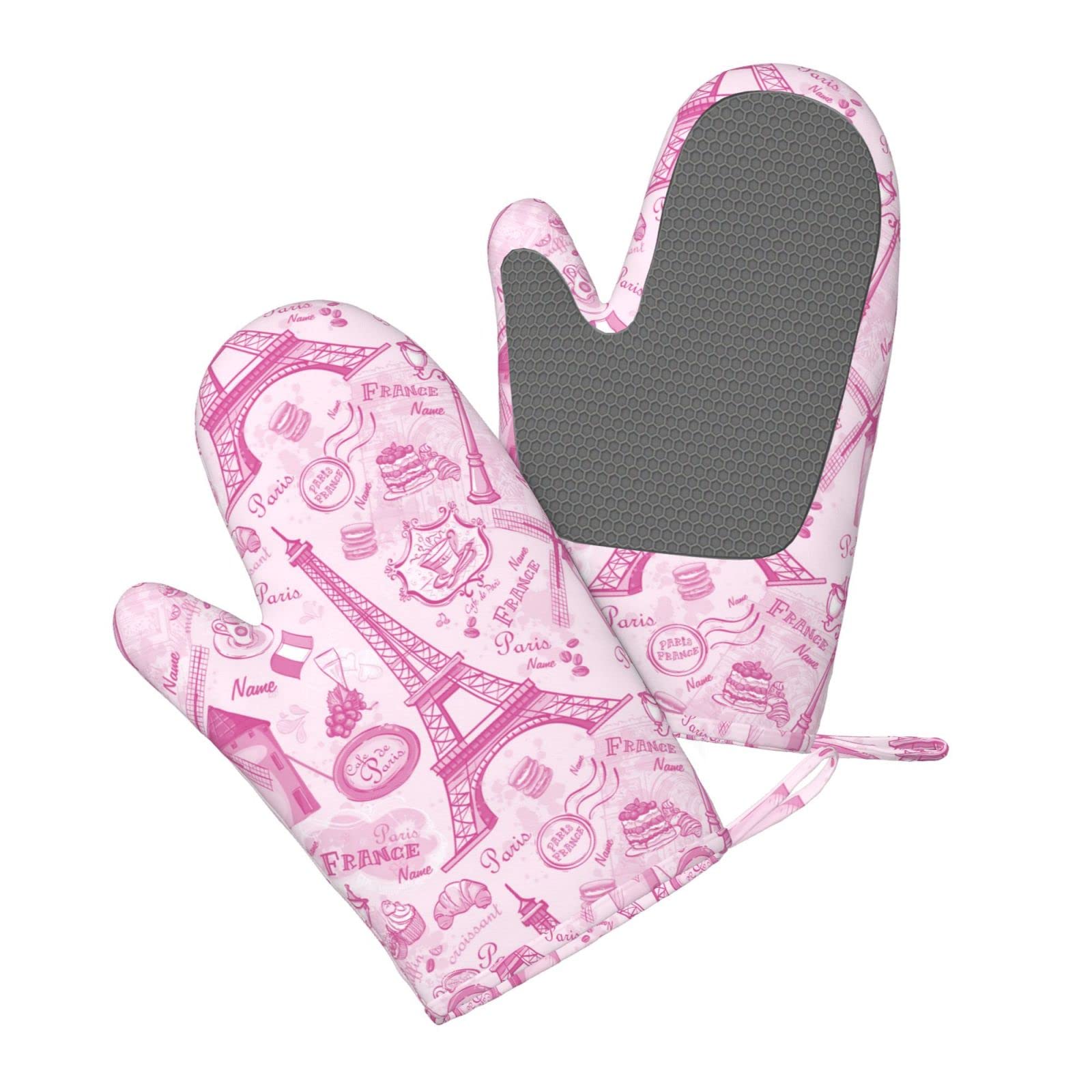 Custom Silicone Oven Mitts with Name France Paris Eiffel Heat Resistant Non-Slip Cotton Lining Oven Gloves Set of 2 Comfort Safety Durable Kitchen Pot Holder for BBQ Cooking Baking