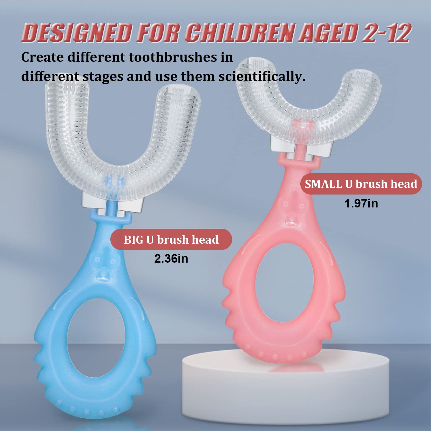 Qinerle 3PCS Kids U-Shaped Toothbrush ,Food Grade Soft Silicone Brush Head, 360° Oral Teeth Cleaning Design for Toddlers and Children