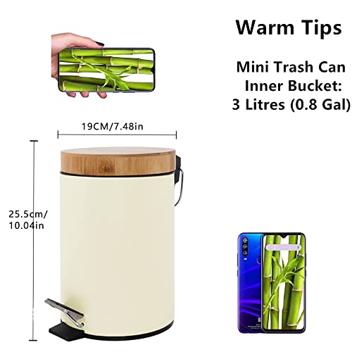 L-Line Way Small Bathroom Trash can with Pedal,Eco Friendly Bamboo lid Soft Close,0.8 Gal/3L .Beige Steel with Removable Inner bin.Strong &Anti Skid Pedal.Color Box.Unique & Boutique Style