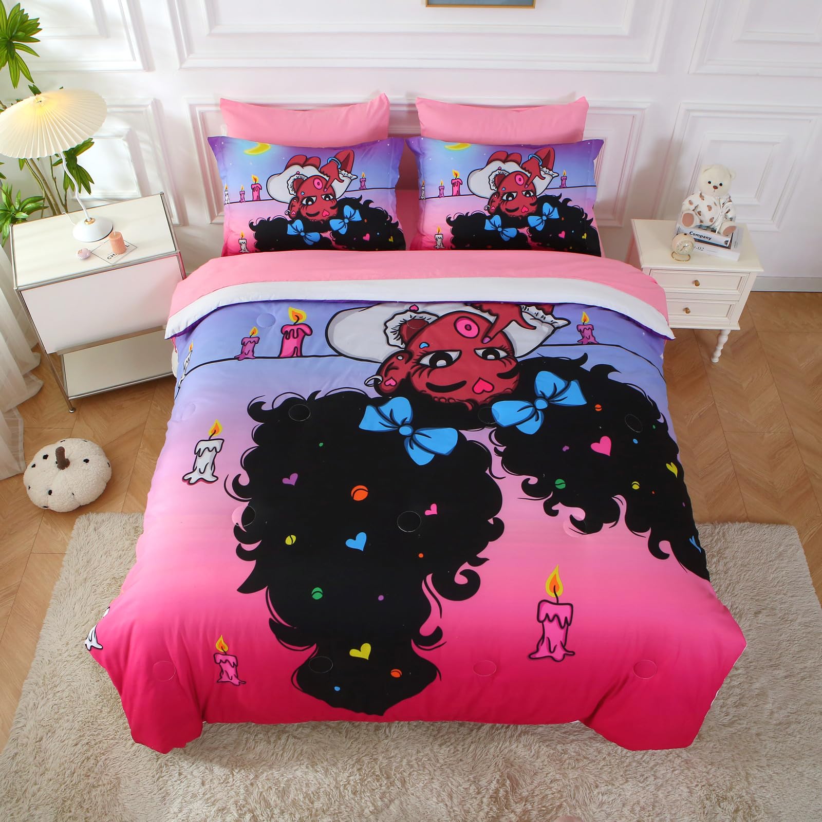 Gusuhome 7 Piece Girls Comforter Set Full Size African American Black Girls Magic Bedding Set Bed in A Bag for Kids Teens Pink Violet Comforter Sheet for Girl Women Room Bedroom Decor All Season