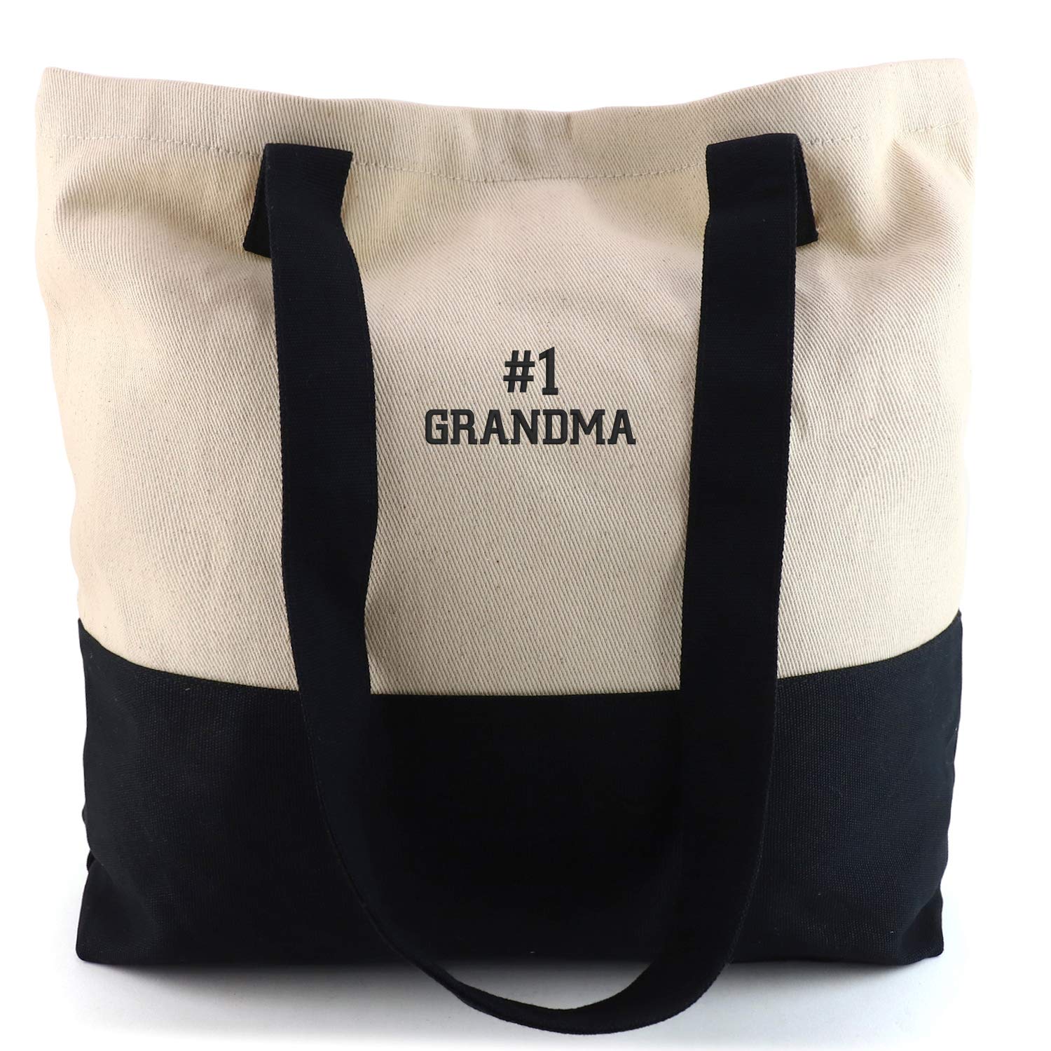 Trendy Apparel Shop Number #1 Grandma Embroidred Colorblock Cotton Twill Large Tote Bag - Natural Black