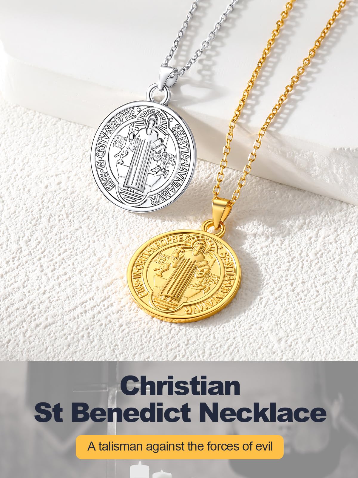 U7 Men Women St Benedict Necklace 925 Sterling Silver Round Medal Protect Saint Nursia Benedict Pendant and Chain 18 Inch