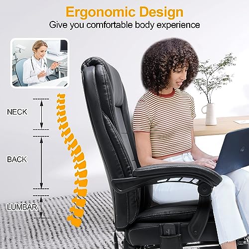 HOMREST Executive Office Chair, Massage Heated Desk Chair with Ergonomic High Back PU Leather Computer Chair with Footrest Lumbar Support for College Dorm (Black)