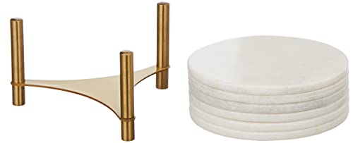 Queenza Marble Coasters for Drinks, Set of 6 Coasters with Holder, Pearl White Marble Coasters 3.5 Inch Wide 5 mm Thick Gold Coasters For Drinks, Both Side Polish For Scratch Free Surface Coaster Set