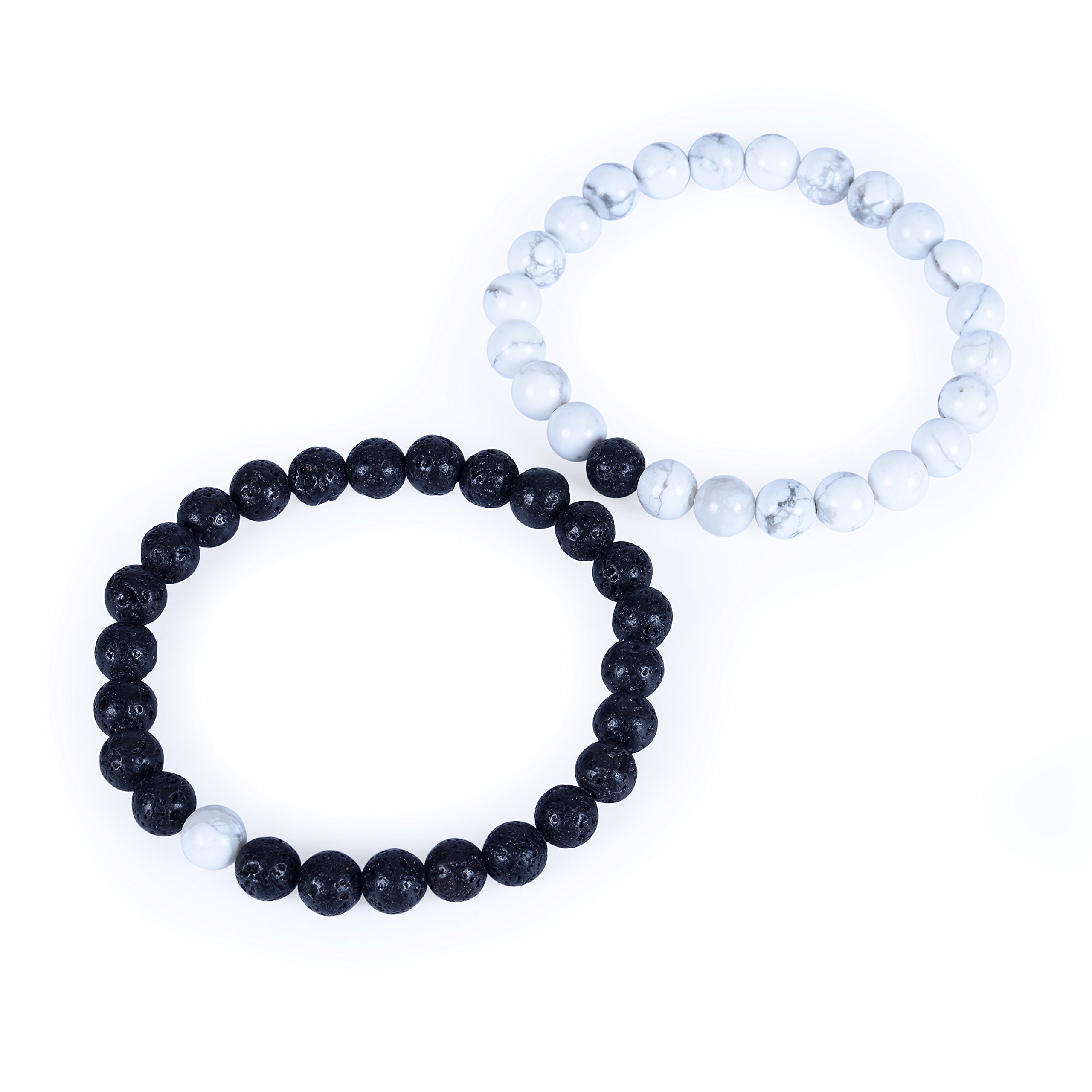 Cherry Tree Collection Couples Distance Bracelets | His and Hers | Gemstone Beaded Stretch Bracelets 8mm Round Beads (Matte Black Agate and Matte Clear Quartz - Large/Medium)