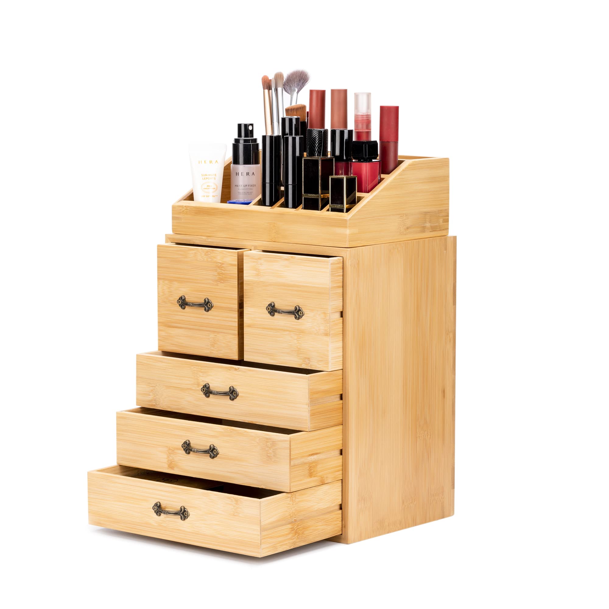 READAEER Bamboo Makeup Organizer with Drawers Large Cosmetic Organizer Countertop