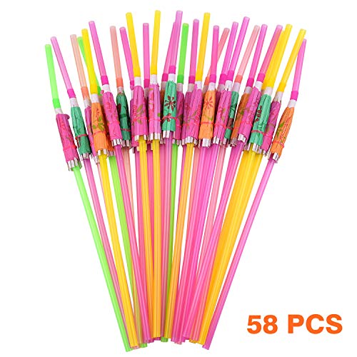 FEPITO 58 PCS Umbrella Drinking Straws Reusable,Parasol Bendy Reusable Drinking Straws for Hawaiian Beach Cocktail Luau Tropical Party Decorations Supplies