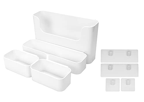 LADYBEE7LES Wall Floating Shelves White 4pcs Set, Self Adhesive Wall Shelf/Bathroom Makeup Wall Organizer/Wall décor/No Drill Plastic Storage Bins, Multi-Sizes, Stickers Included