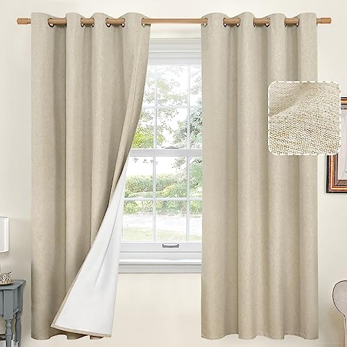 QUEMAS 100% Blackout Curtains for Bedroom Linen Look with White Backing, Grommet Total Light Blocking Thermal Insulated Boho Window Curtains for Living Room Noise Cancelling (52 x 72 Inch, Linen)