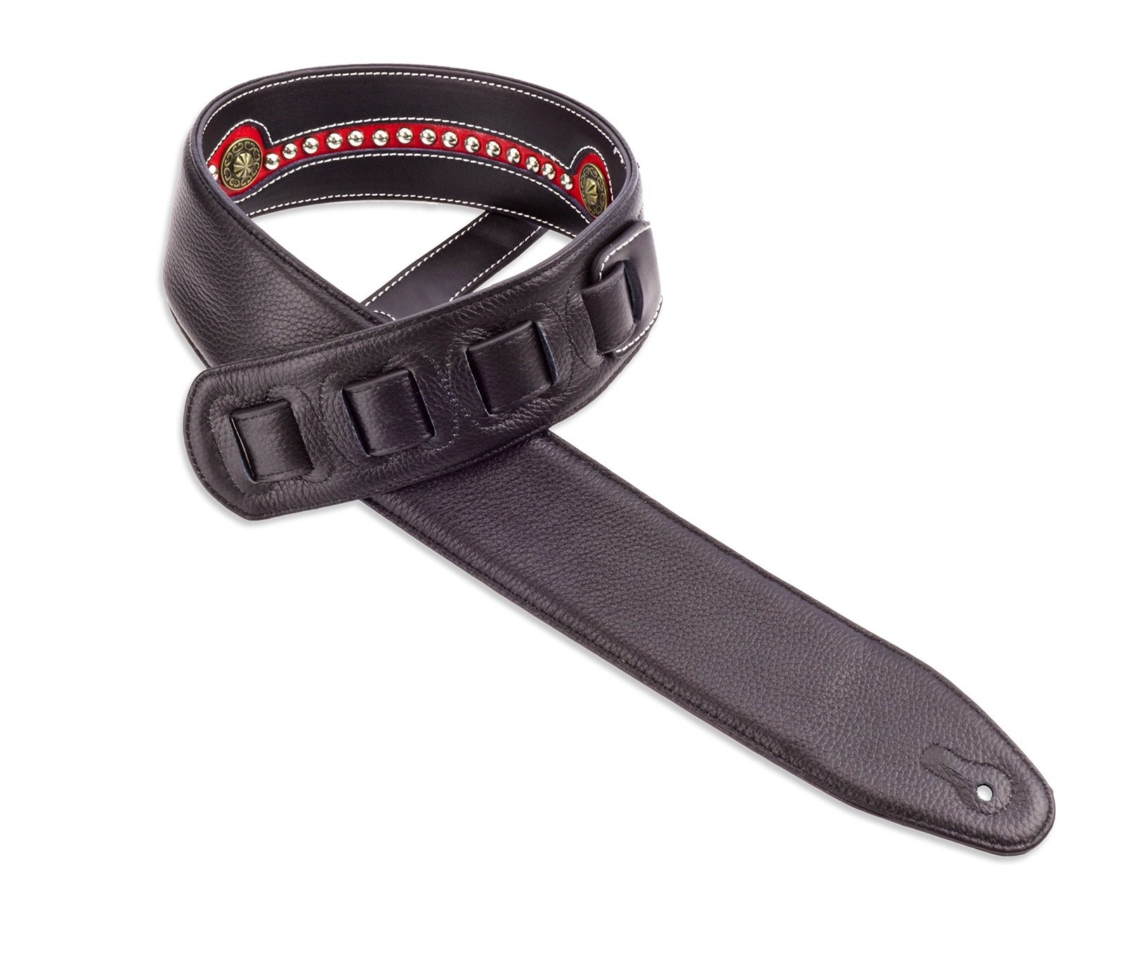 Walker & Williams Black & Red Western Style Padded Guitar Strap with Chrome and Brass Studs For Acoustic, Electric, And Bass Guitars