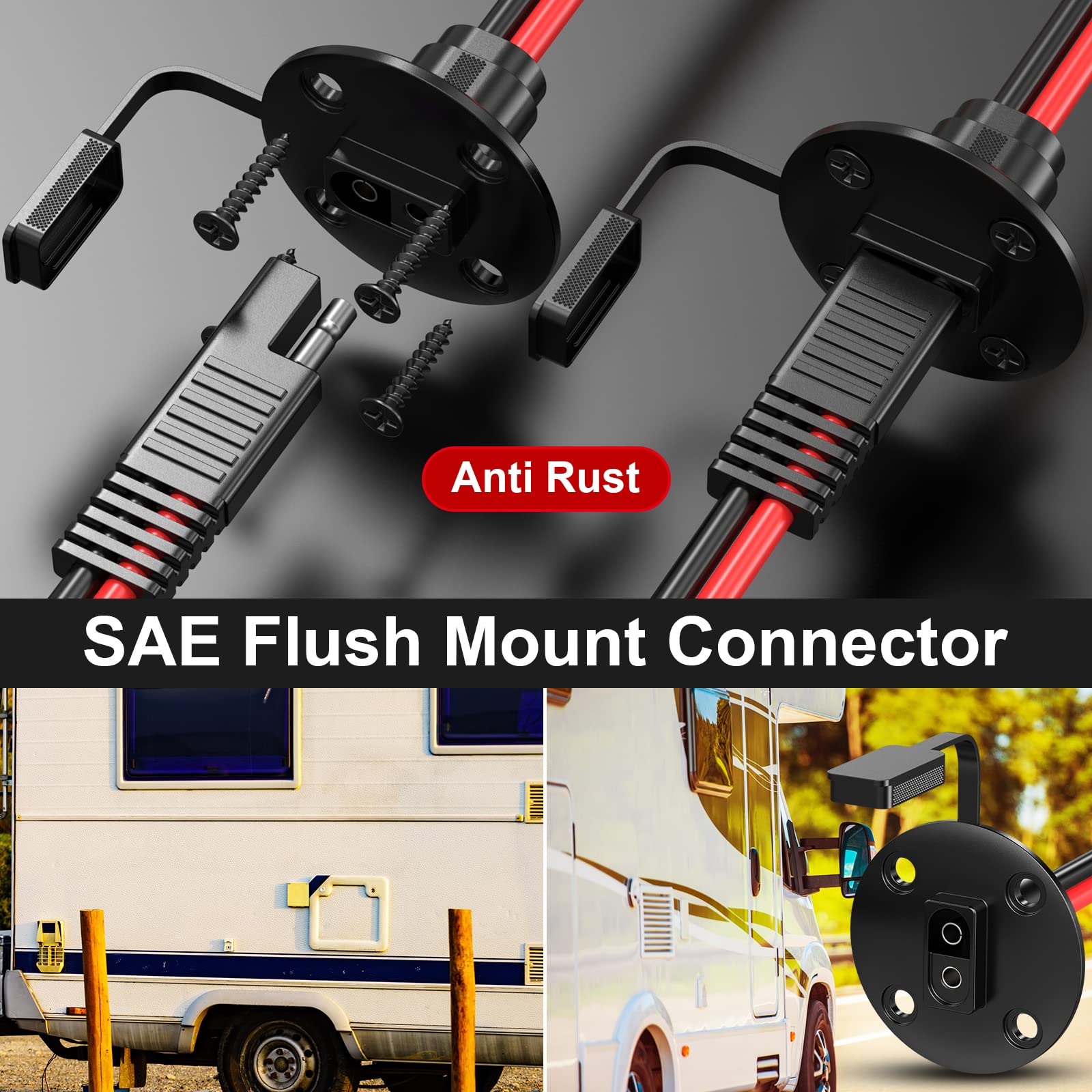 EXTRACTME 2-Pack SAE Connector Harness with 15A Fuse, 2FT 12AWG SAE Power Socket Sidewall Port Connector, SAE Solar Panel Flush Mount Quick Connector Plug Cable for Solar Generator Battery Charger