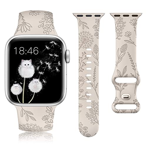 Minyee Floral Engraved Band Compatible with Apple Watch Band 38mm 40mm 41mm Women, Cute Soft Silicone Dandelion Flower Pattern Sport Designer Fancy Summer Bracelet for iWatch Series SE/8/7/6/5/4/3/2/1