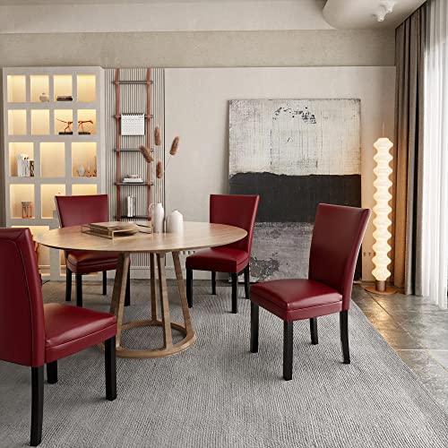 JESONVID Set of 2 Faux Leather Upholstered Parsons Dining Chair with High Backrest, Kitchen Accent Side Chairs with Solid Wood Legs Armless Dining Room Chair, Burgundy 1331RD