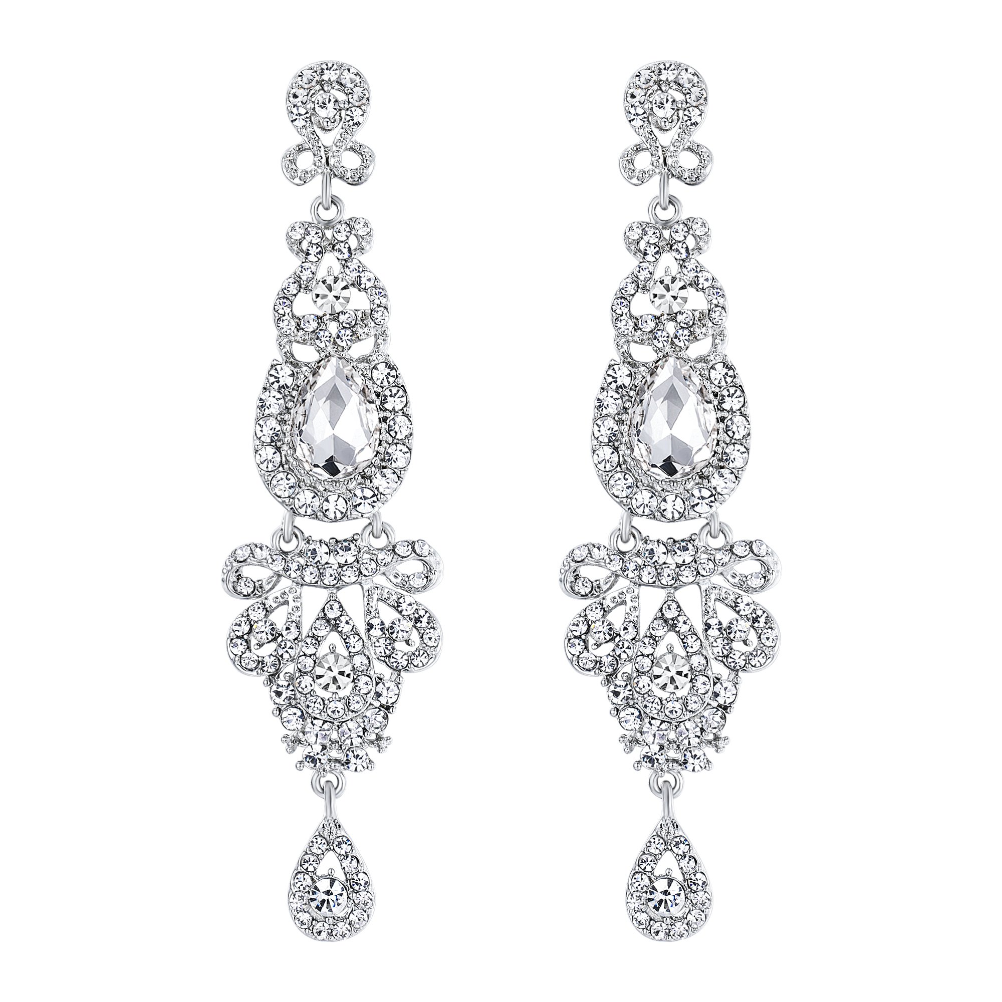 BriLove Women's Wedding Bridal Crystal Art Deco Long Chandelier Dangle Earrings Clear Silver-Tone