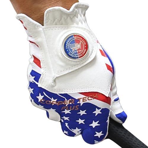 Copper Tech Plus Men's Golf Gloves Right Hand - USA Flag Golf Glove with Ball Marker - Perfect for Summer Golfing - 100% AAA Tacky Synthetic Leather Only (Hand Orientation: Right, X-Large)