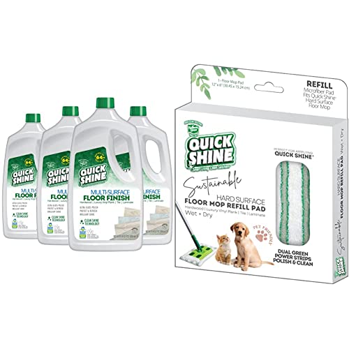 Quick Shine Multi Surface Floor Finish 64oz, 4Pk | Cleaner & Polish to use on Hardwood, Laminate, Luxury Vinyl Plank LVT, Tile & Stone & Hard Surface Floor Mop Refill Pad 12" Wx6 Dx1/2 H