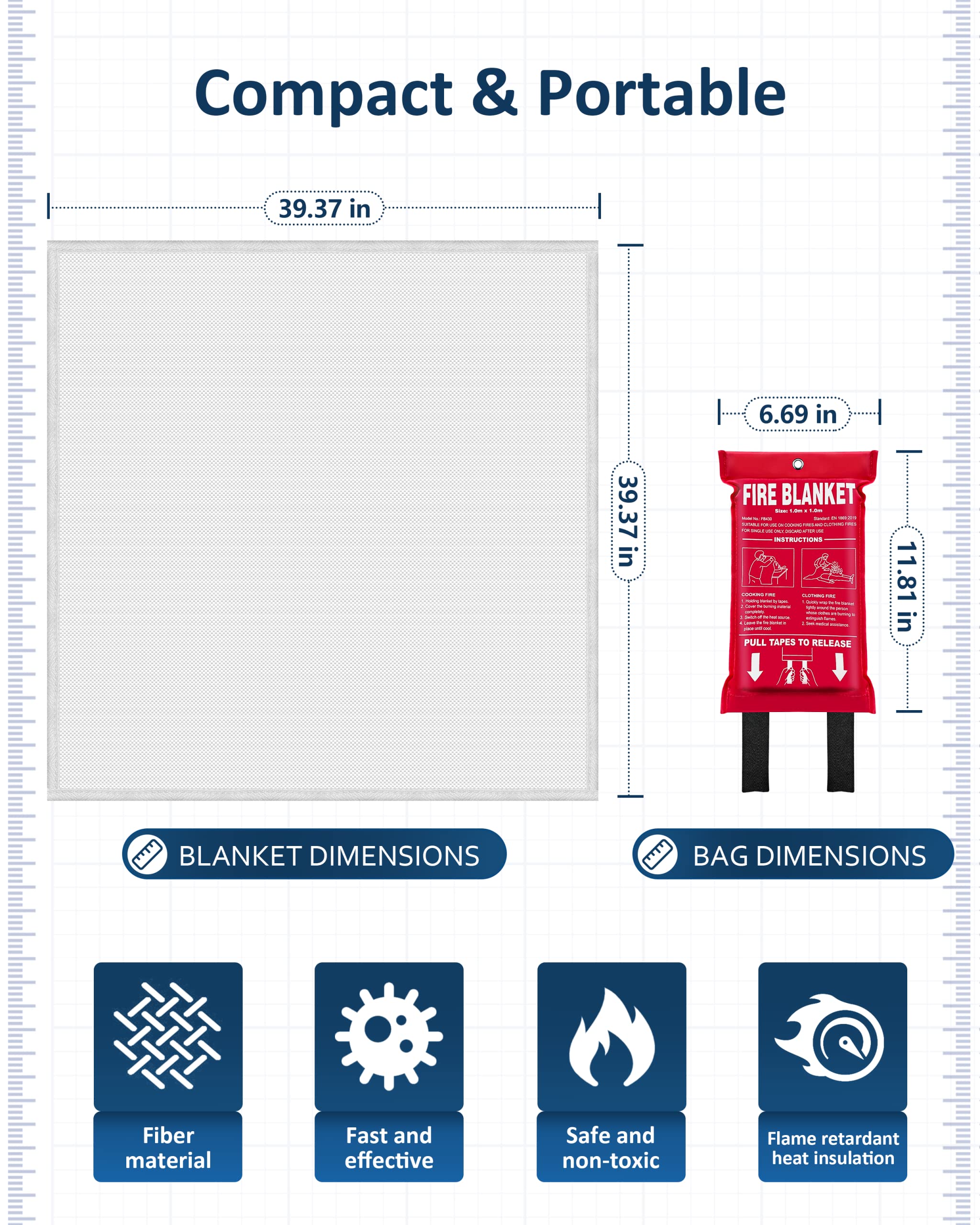 Ecoey Fire Blanket, Fiberglass Fire Blanket for Home & Kitchen, Emergency Blankets for Survival, Fire Blankets for People, Flame Retardant Fabric, Fireproof Blanket, Fire Safety, FJ109-B, 2 Packs