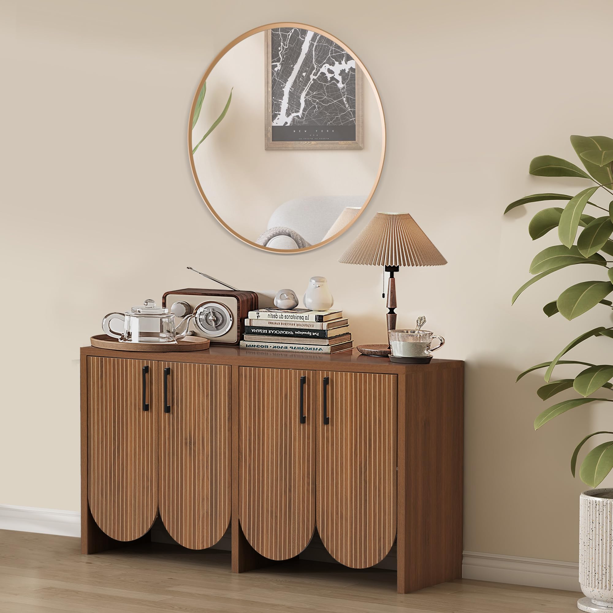 Fluted Buffet Sideboard Cabinet with Storage,Scandinavian 57.9β Storage Cabinet with Adjustable Shelves,Carved Arc Door Design Accent Buffet Cabinet for Living Room Dining Room (Walnut, 4 Door)