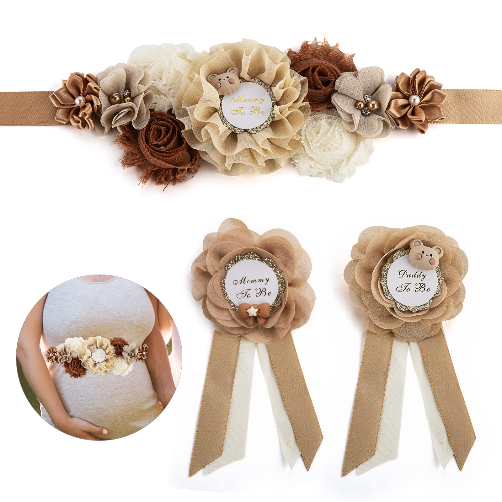 QuaComent Mommy to Be Sash, Maternity Sash Baby Shower Decorations 3PCS Teddy Baby Shower Decorations for Girl - Mom to be sash Shower for Boy, Baby Shower Decorations Favors Brown Photo Props Gift