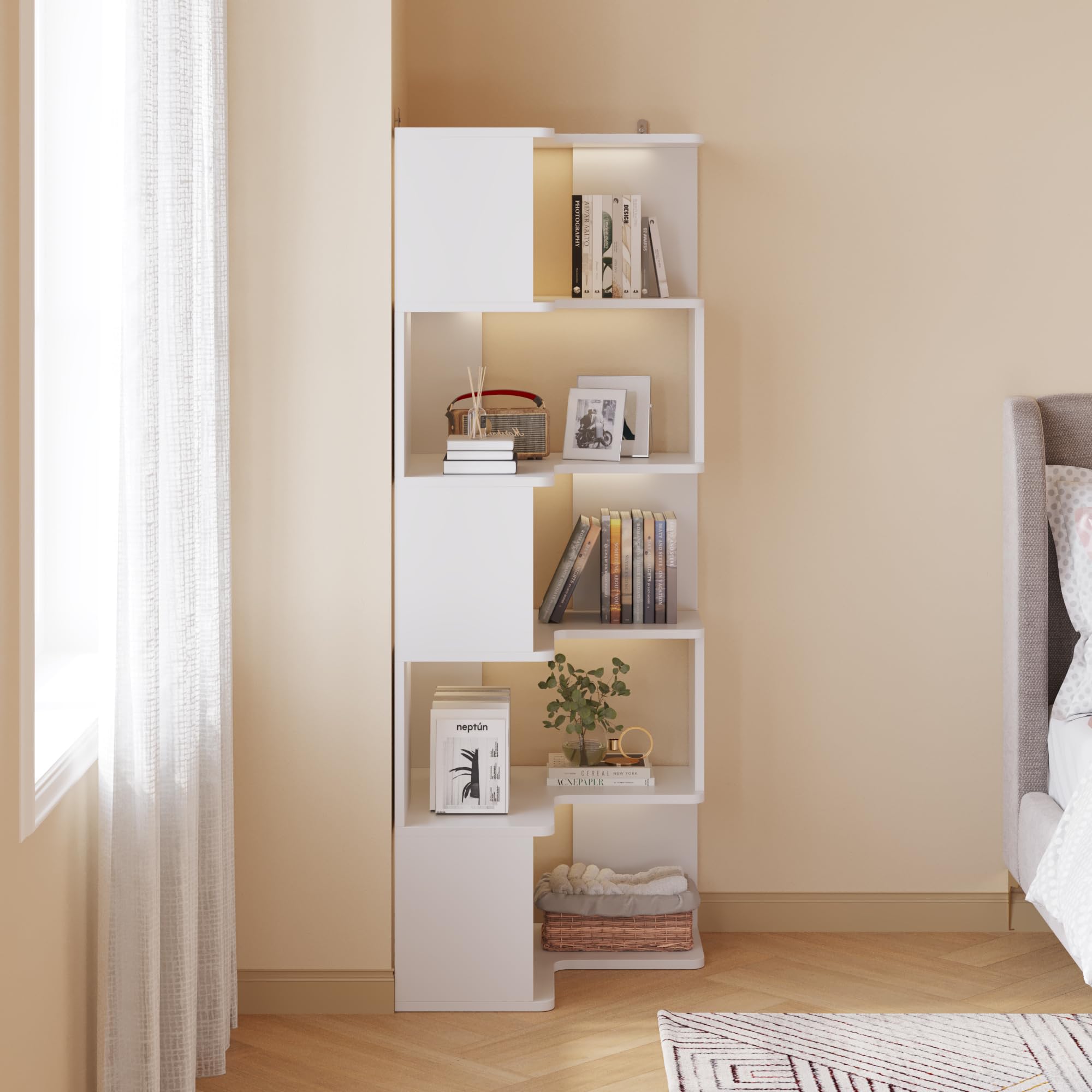 Karl home Corner Rack,64.96" Bookshelf with Anti-Drop Panel,Modern Shelf Display Rack Storage,Wooden Open Display Shelving Storage Rack,for Bedroom,Living Room,Small Space,Home Office,Bar,White