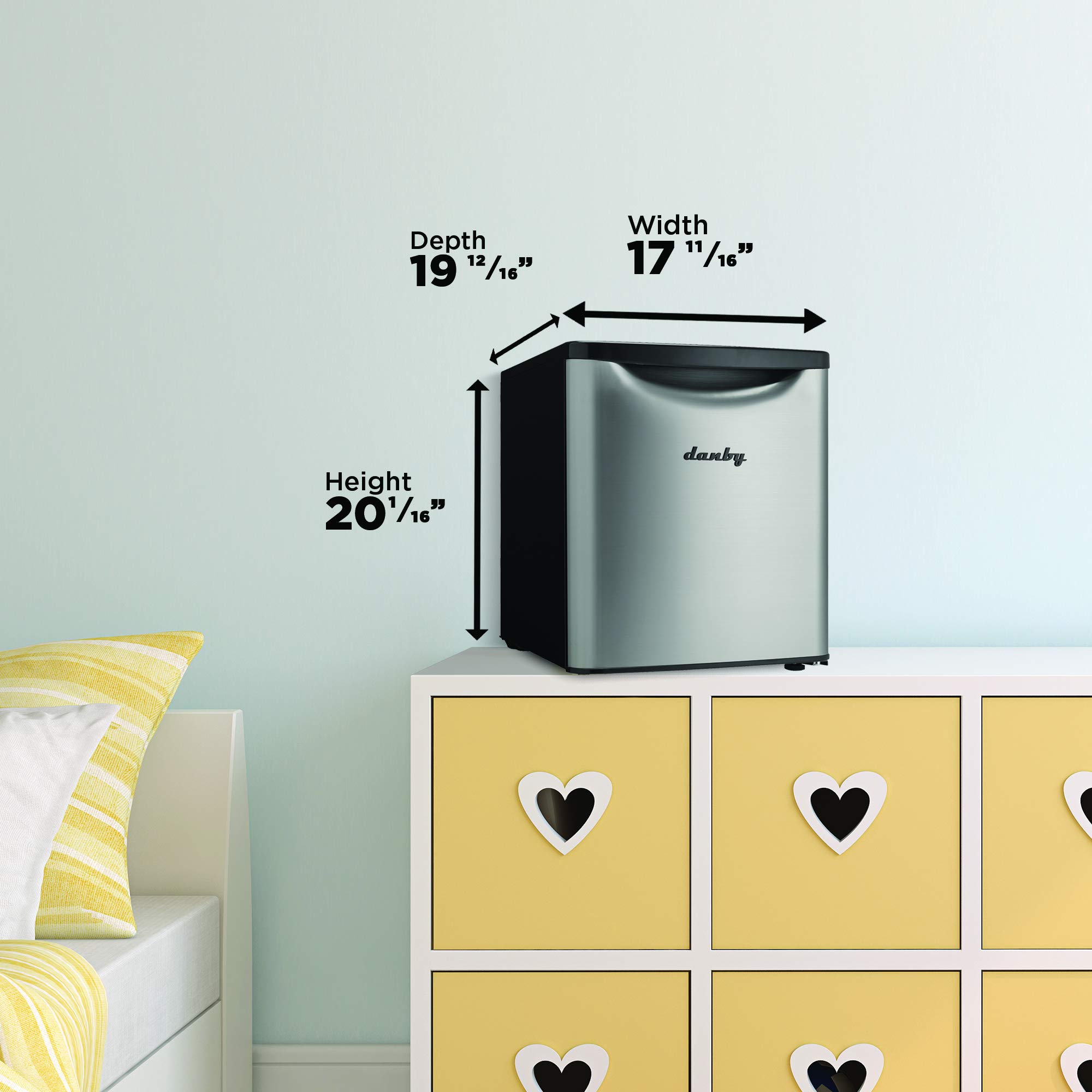 Danby DAR017A3BSLDB-6 1.7 Cu.Ft. Mini Fridge, Compact Countertop Refrigerator For Bedroom, Living Room, Kitchen, Office, Desk, E-Star Rated In Fingerprint Free Stainless Finish