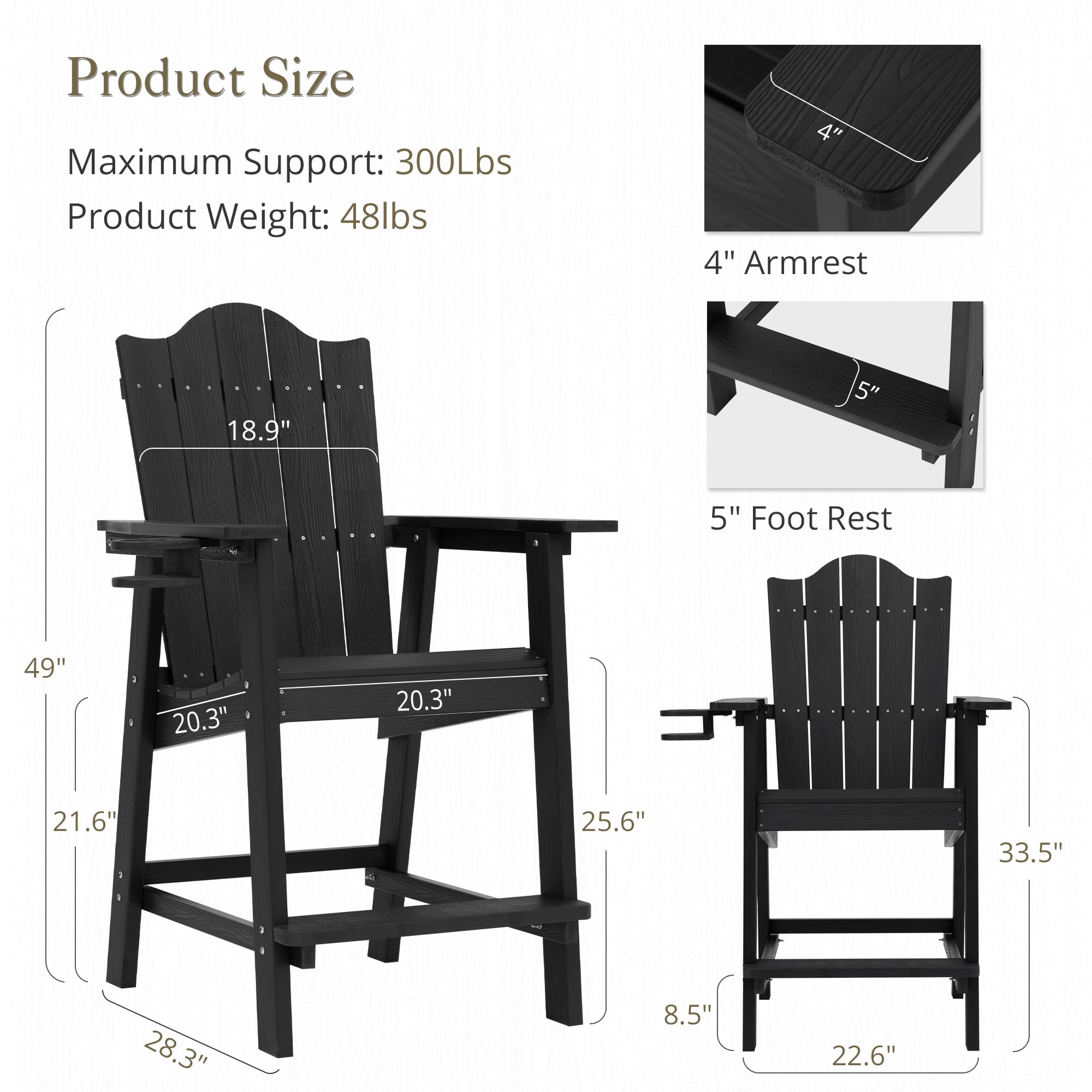 LUE BONA Tall Adirondack Chairs Set of 2 with Removable Table, HDPS Poly Balcony Chair with Cup Holder, All-Weather Adirondack Chair Bar stools, Outdoor Adirondack Barstools for Deck, Patio