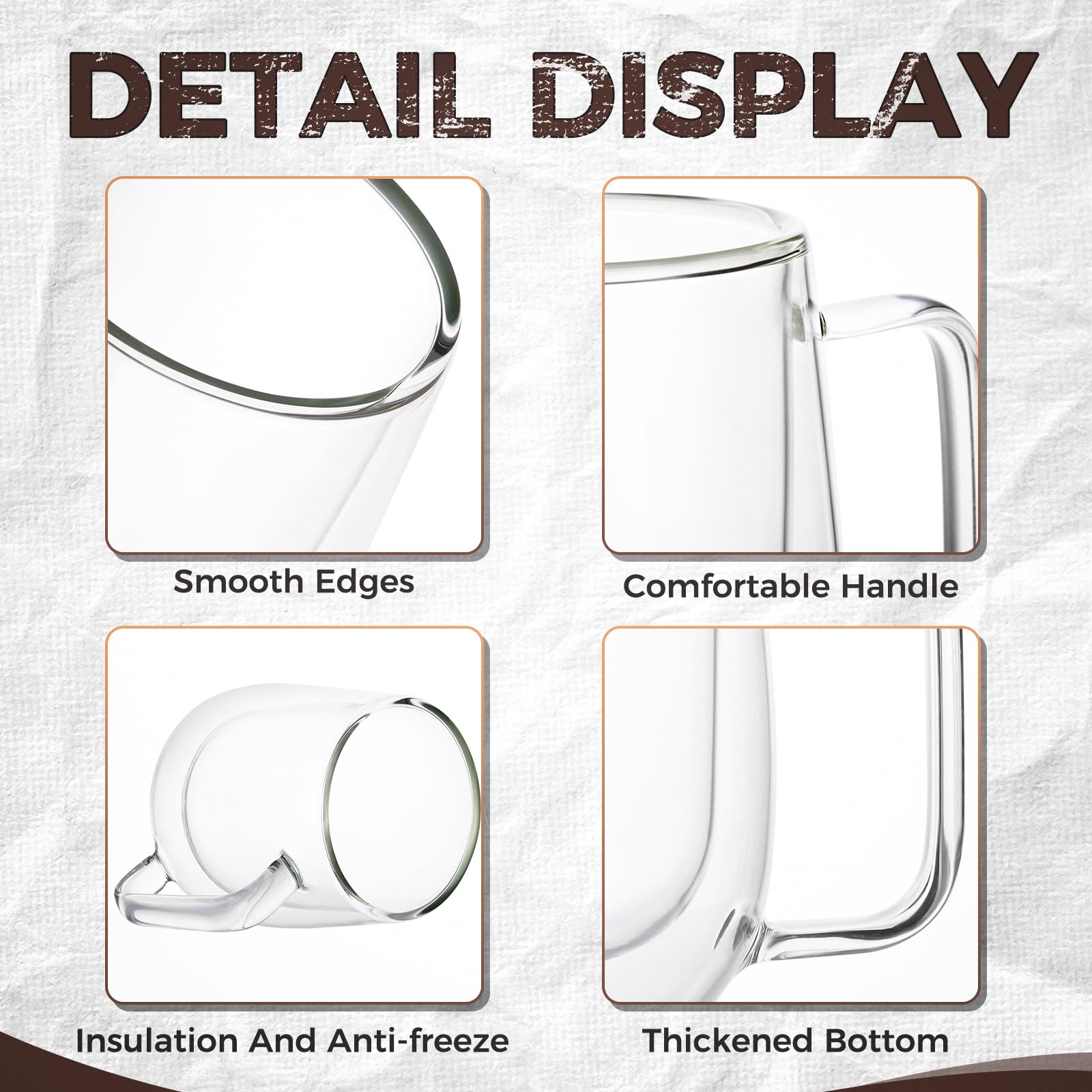ETERMETA 2 Pack 12 oz Double Walled Glass Coffee Mugs with handle, Thermal Insulted No Condensation Coffee & Tea Cups, Clear Mugs for Americano, Latte, Espresso, Cappuccinos Beverage