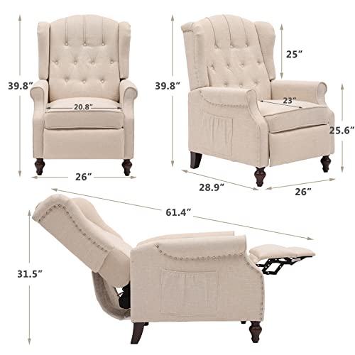 IPKIG Recliner Chair with Heated and Massage, Tufted Comfy Wingback Design Push Back Recliners Armchair Accent Chairs with Side Pockets for Living Room, Bedroom, Home (1, Beige)