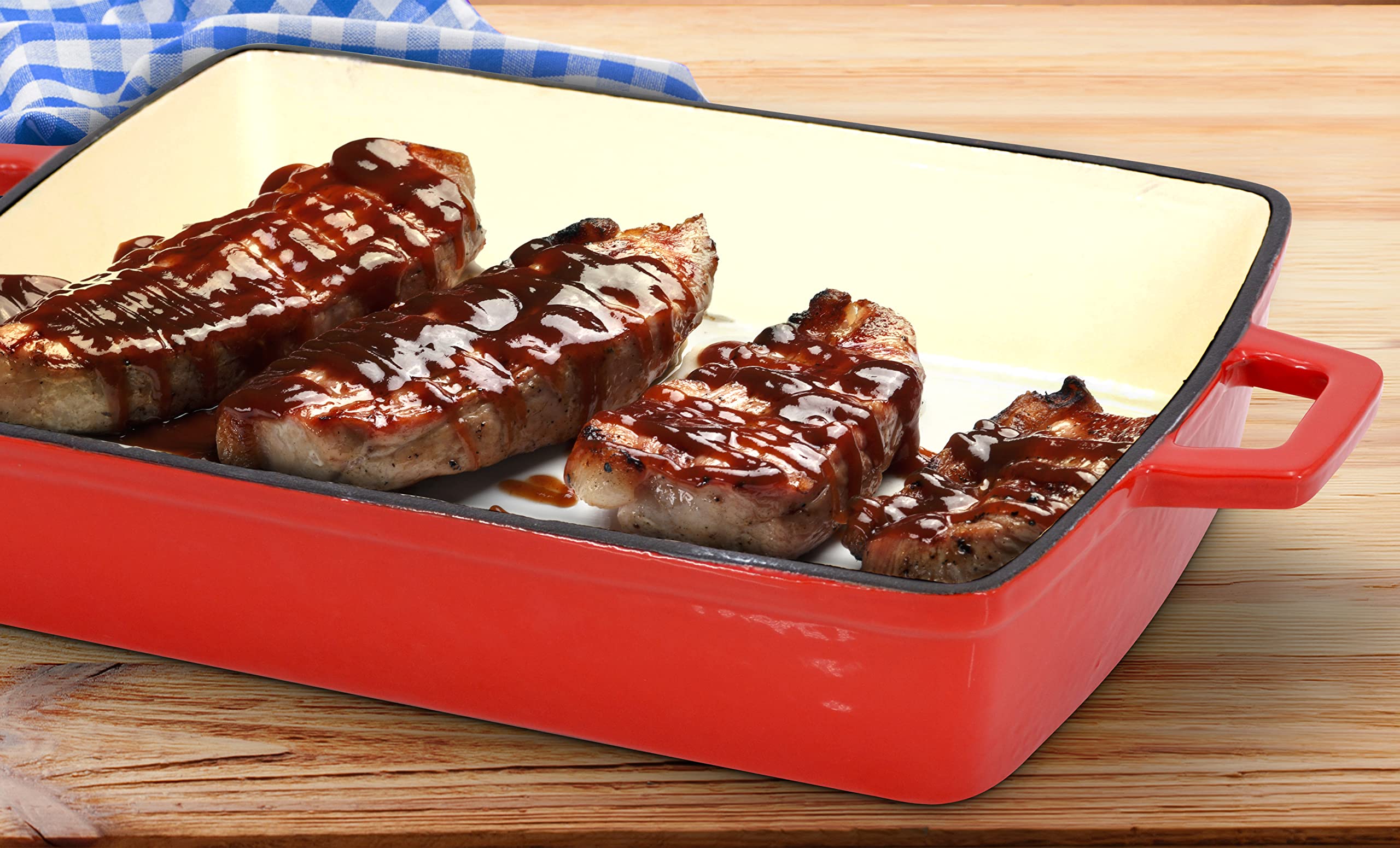 Eternal Living Enameled 13" Cast Iron Baking Pan Rectangular Lasagna Dish Large Roasting Pan Red