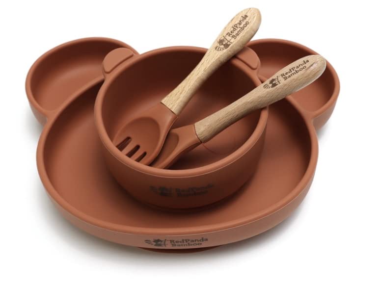 Red Panda Bamboo Silicone Suction Plate and Bowl Set with Spoon and Fork BPA Free Divider Kids Plate Bear Plate Bear Bowl Animal plate Microwave Safe Dishwasher Safe