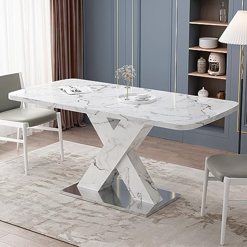 Modern Marble Top Dining Table, Extendable Marble Dining Table for 4-6, Expandable Dining Table with Faux Marble Top and Crossed Pedestal Base, Large Dining Table for Dining Room Kitchen (White)