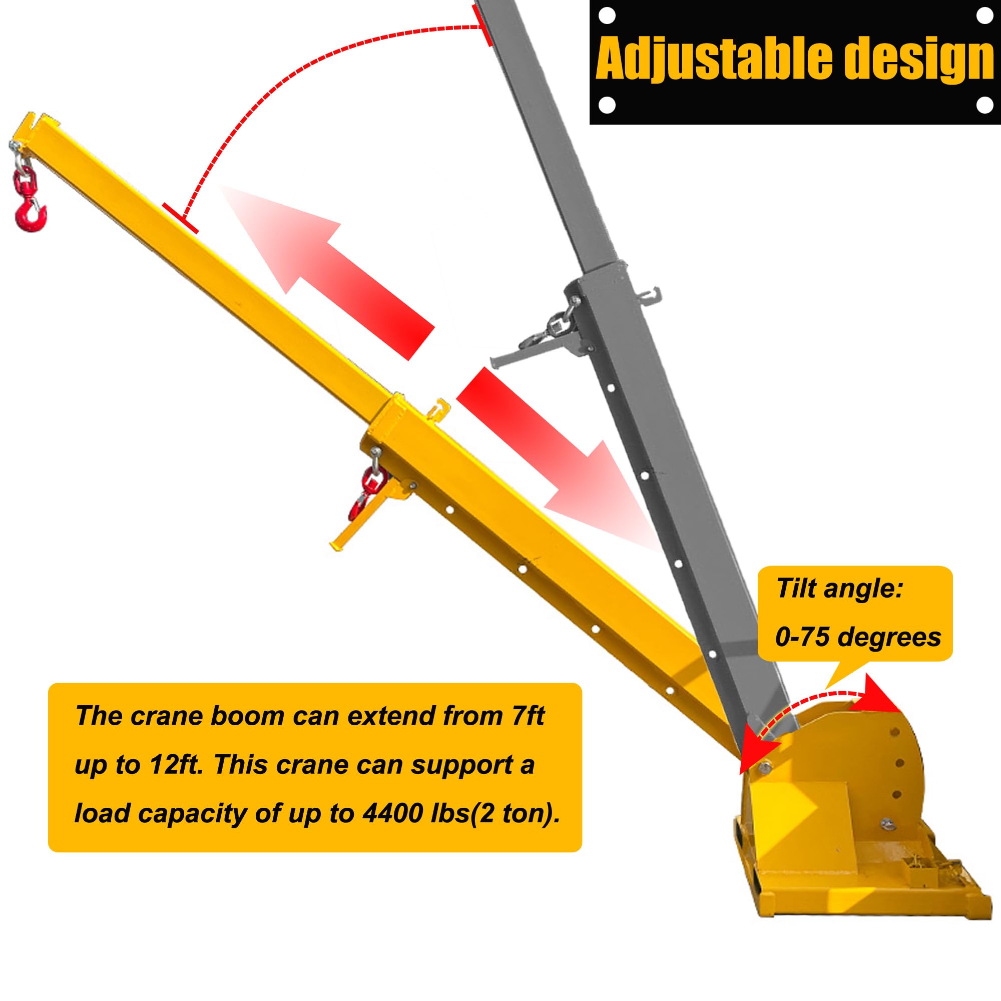 HQHAOTWU Forklift Jib Boom Crane Industrial Forklift Telescoping Jib Boom 4400lb Capacity Hoist Jib Boom Hook Double Fork Design Extend from 7 Up to 12ft Adjustable Crane Boom Mobile Crane Lifting
