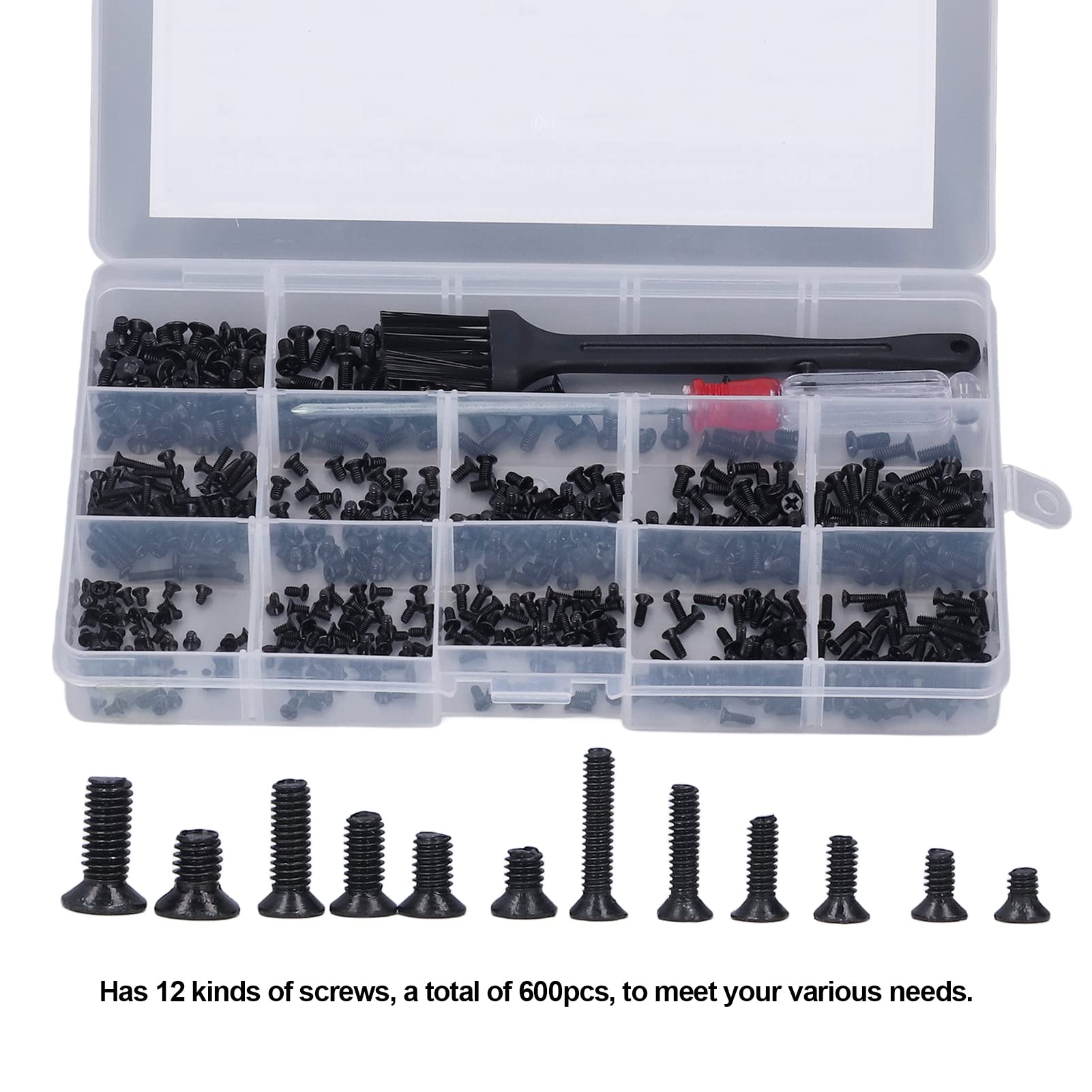 Computer Screws 600Pcs Computer Screw Set, Flat Head Carbon Steel M2 M2.5 M3 with Brush Screwdriver Tool Set Kit for Hard