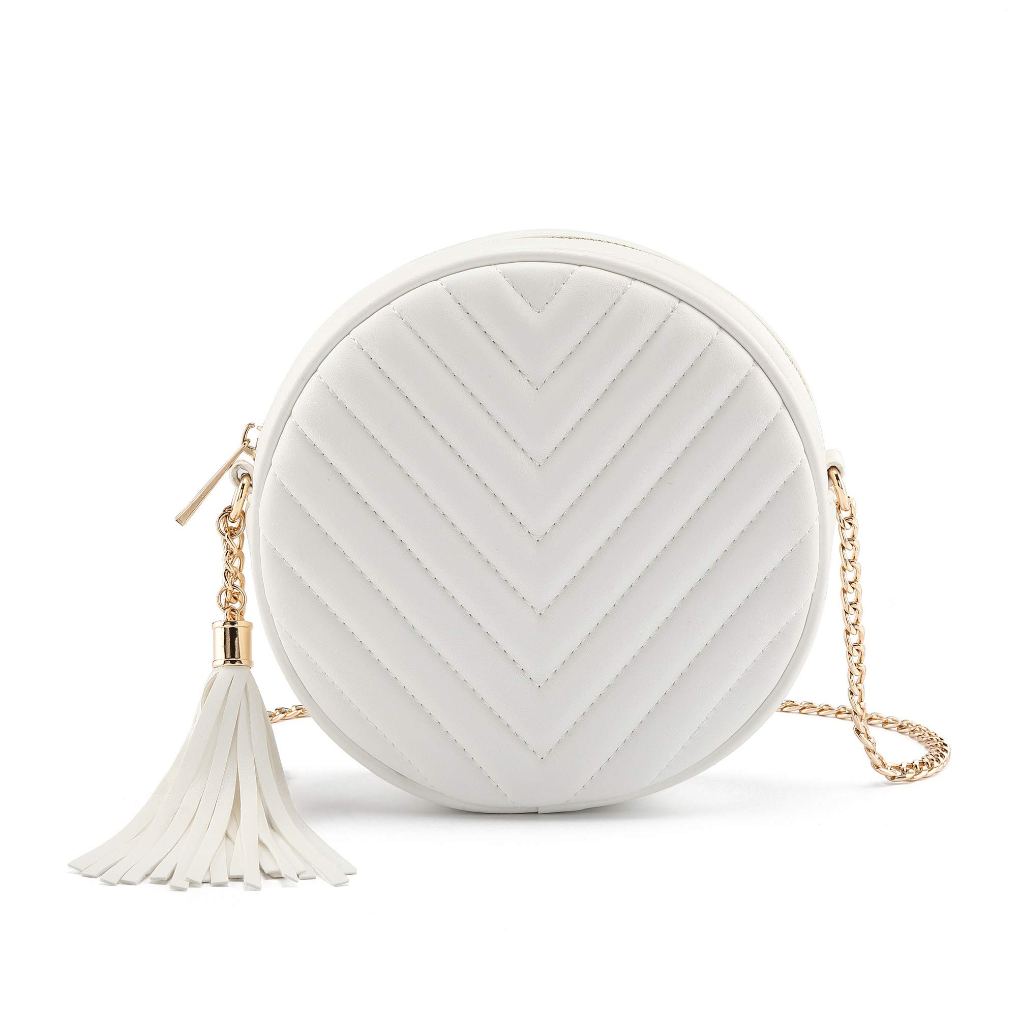 CHIC DIARY Small Crossbody Bags for Women Round Quilted Purse with Tassel Faxu Leather Shoulder bag (White)